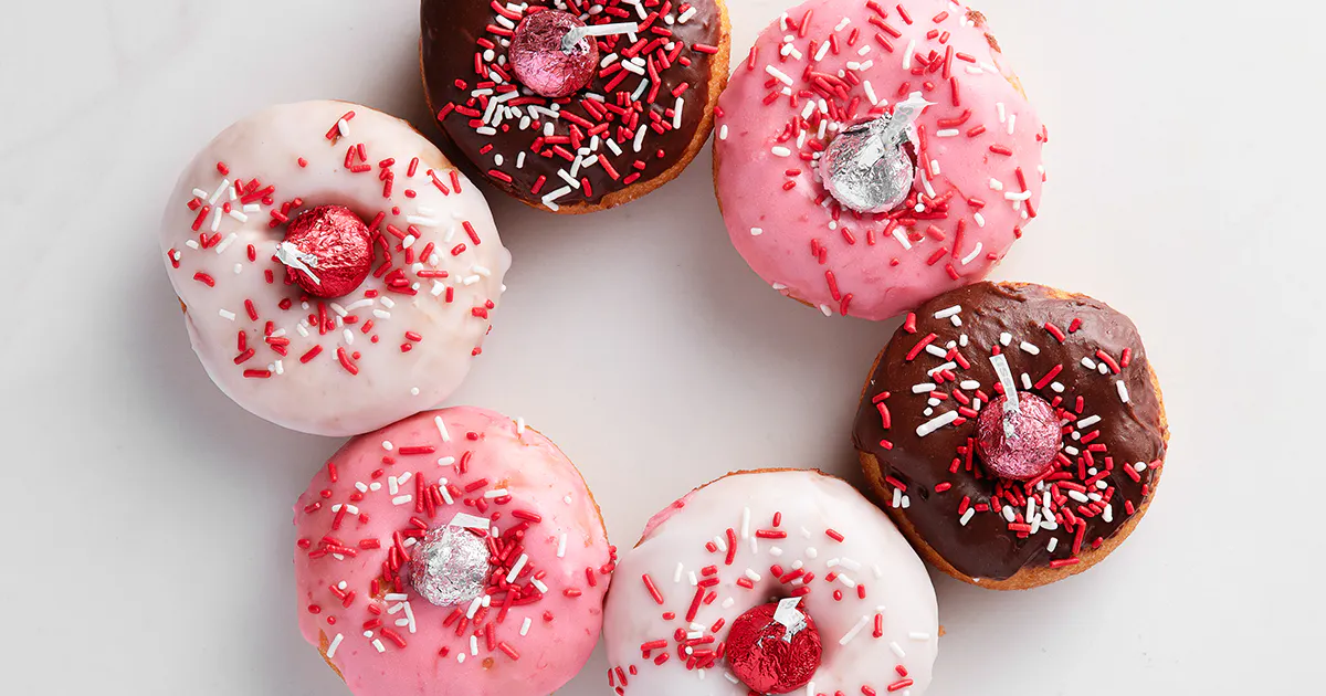 Vanilla & Chocolate Valentine Cake Donuts by Primo's Donuts | Goldbelly