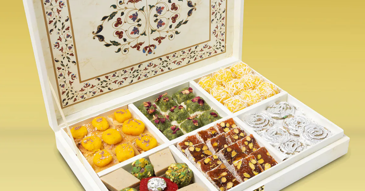 Taj Sweets White Collectible Gift Box by Sukhadia's | Goldbelly