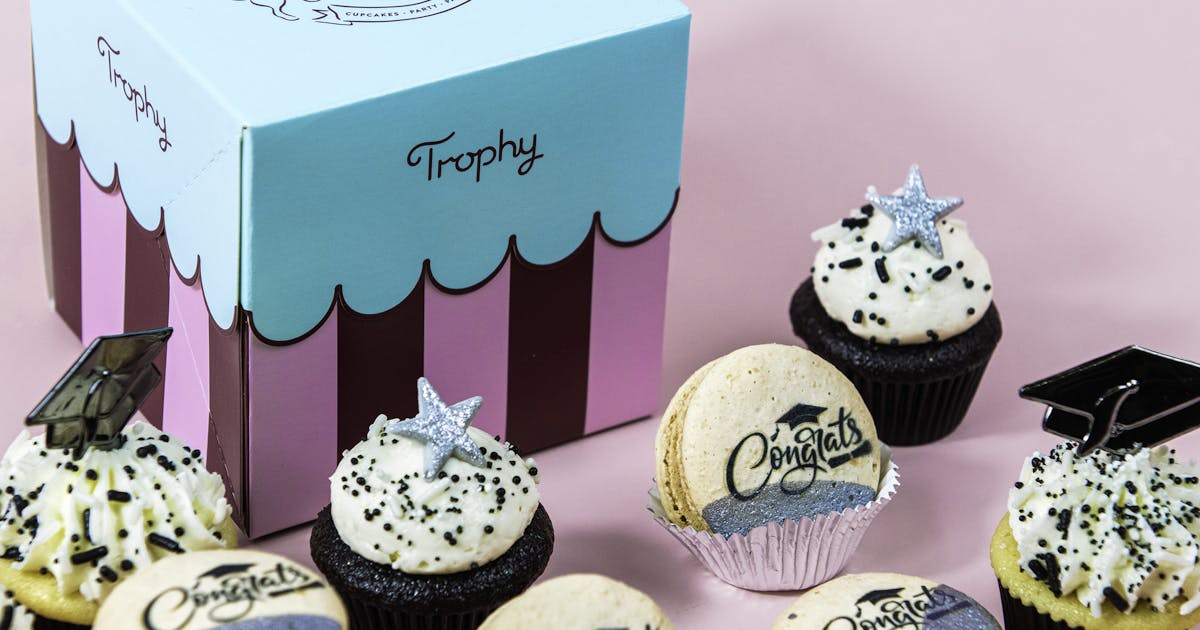 Graduation Mini Cupcakes + Macarons by Trophy Cupcakes | Goldbelly