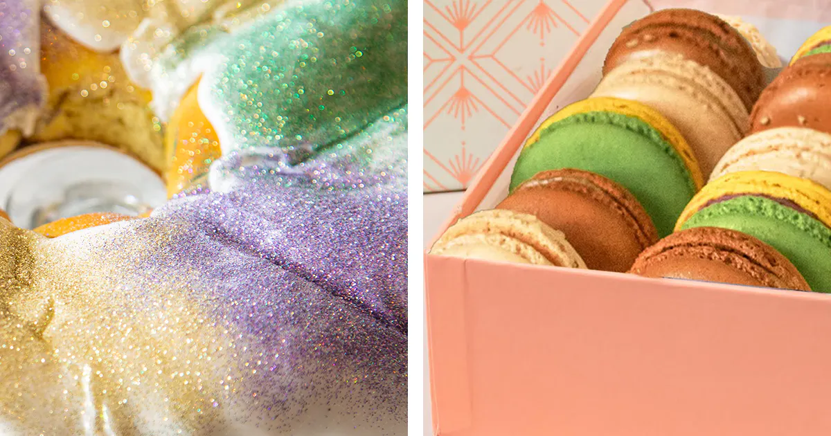 Mardi Gras Macarons + King Cake Combo by Sucré | Goldbelly